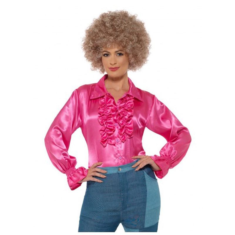 Satin Ruffle Shirt Womens- Pink – Sydney Costume Shop